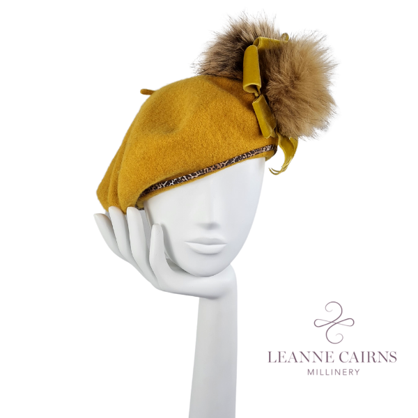 Mustard Mix Pom Pom Beret - Leanne Cairns Millinery